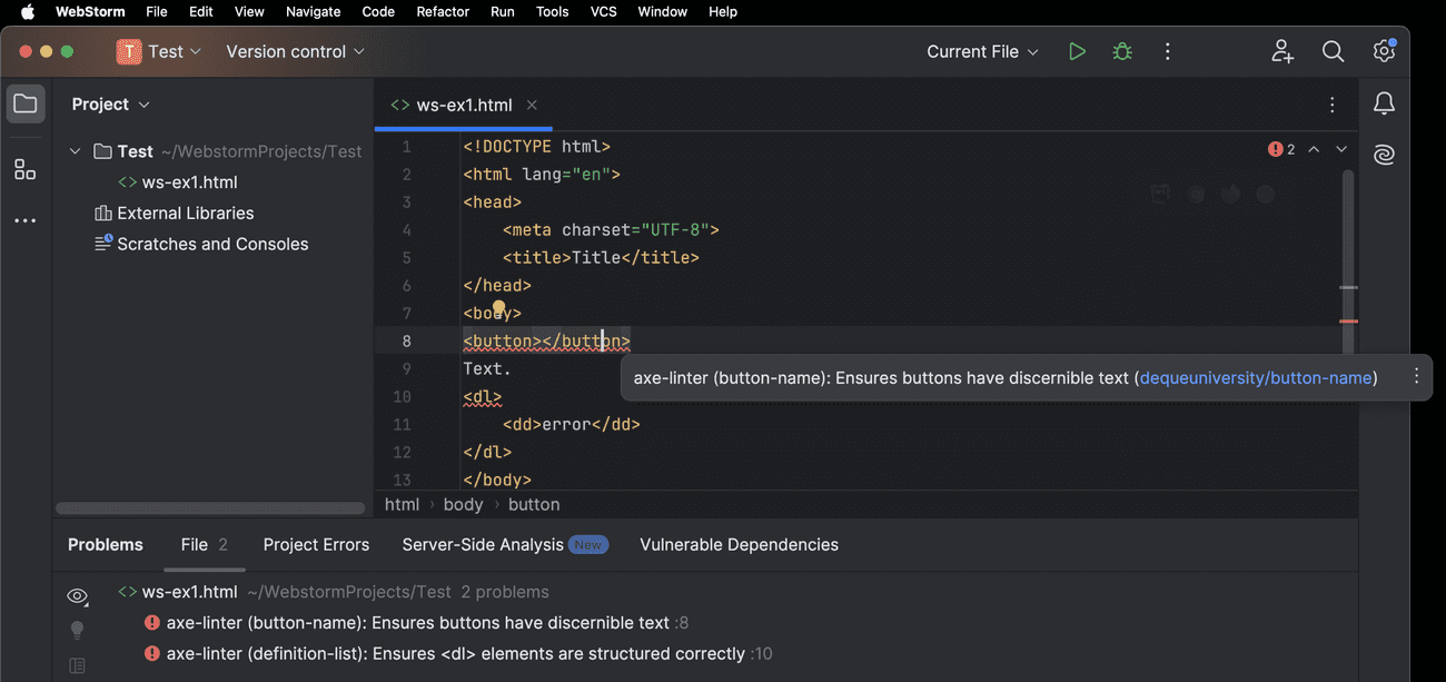 Using the axe Linter Plugin with JetBrains IDEs | Deque Docs